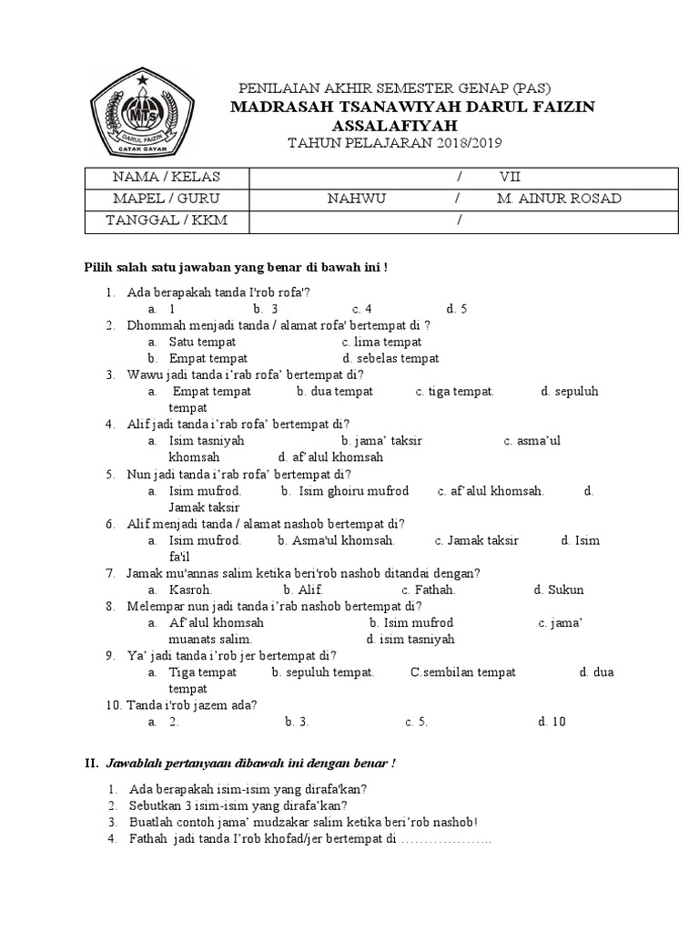 Soal Nahwu Kelas7 PAS | PDF