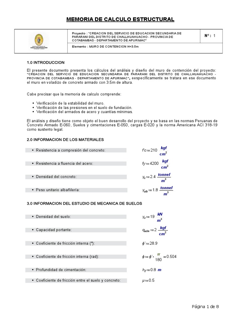 Memoria de Calculo Muro de Contencion 7C | Descargar gratis PDF ...