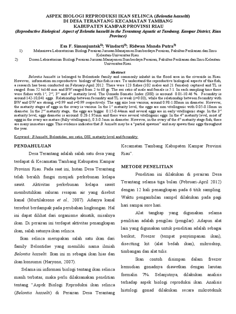 Reproductive Biology of Belontia hasselti | PDF | Reproduction | Zoology