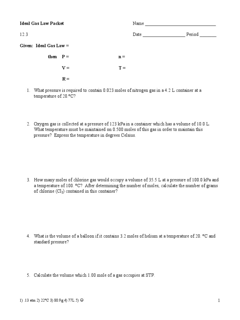 Ideal Gas Law Packet (2) | PDF | Gases | Mole (Unit)