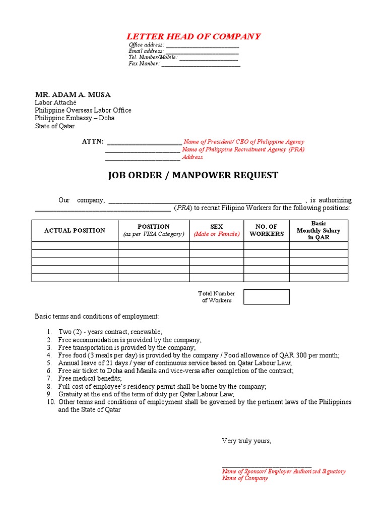 Job Order for Filipino Workers Recruitment | PDF