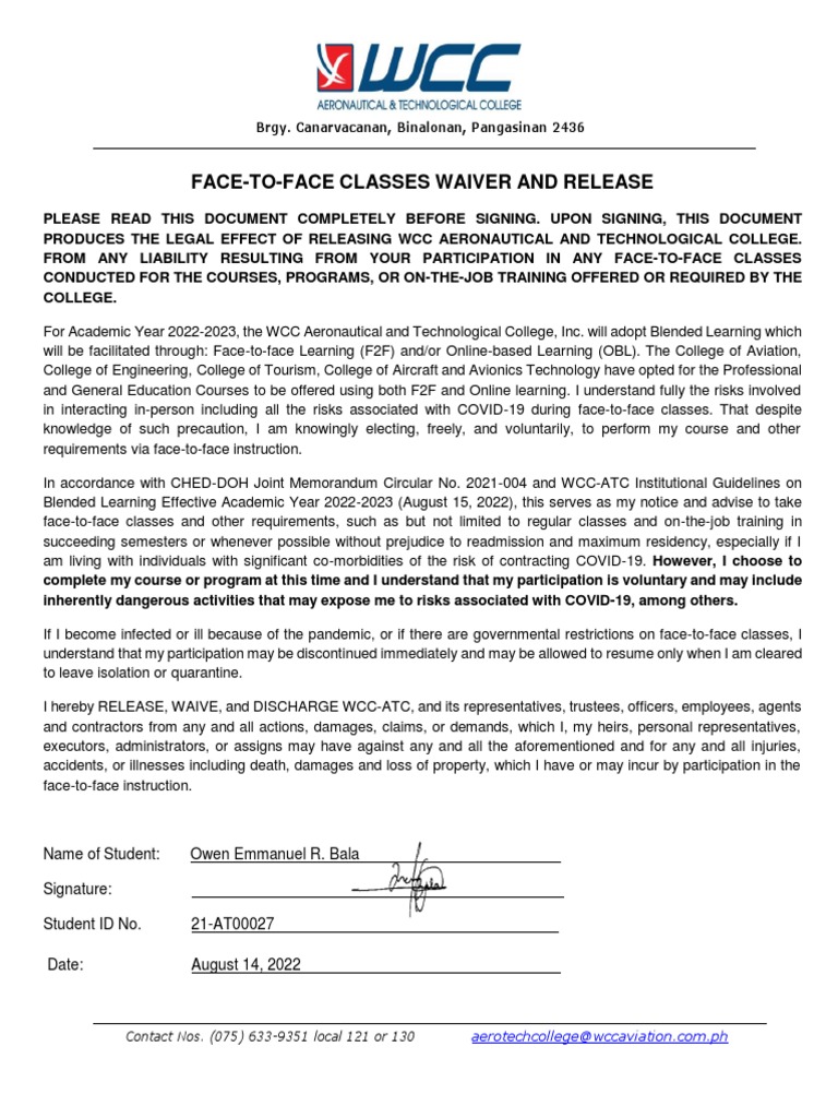 Bala - Owen - Face To Face Waiver and Release - Bsaom2a | PDF | Global ...