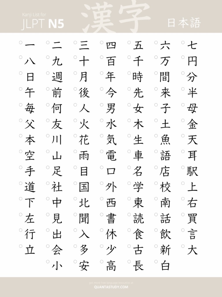 JLPT Kanji N5 Poster Cream - US Letter | PDF
