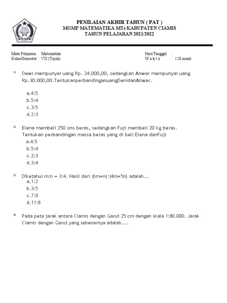 Soal Pat 2022 MTK MGMP Kelas 7 | PDF
