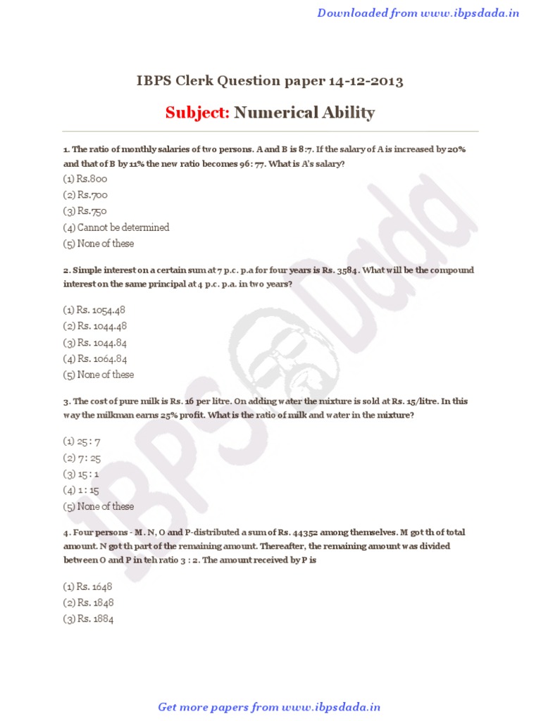 IBPS Clerk Question Paper 2013 | PDF