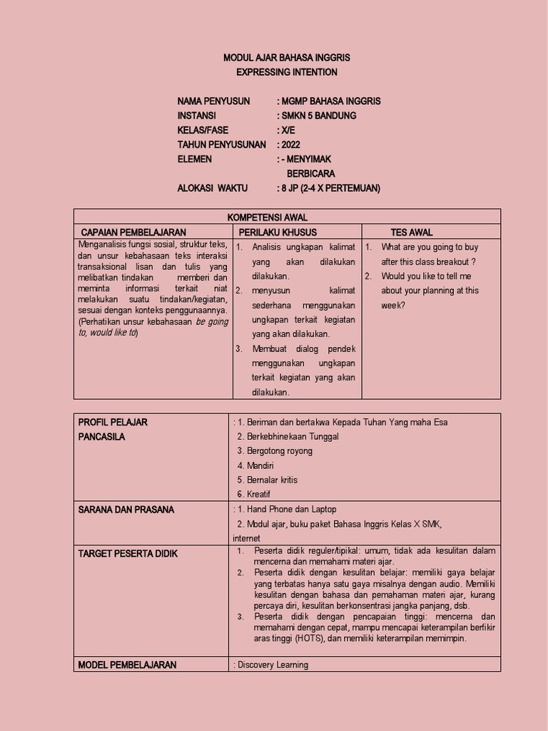 Modul Ajar Kelas X Lesson 3 Intention | PDF