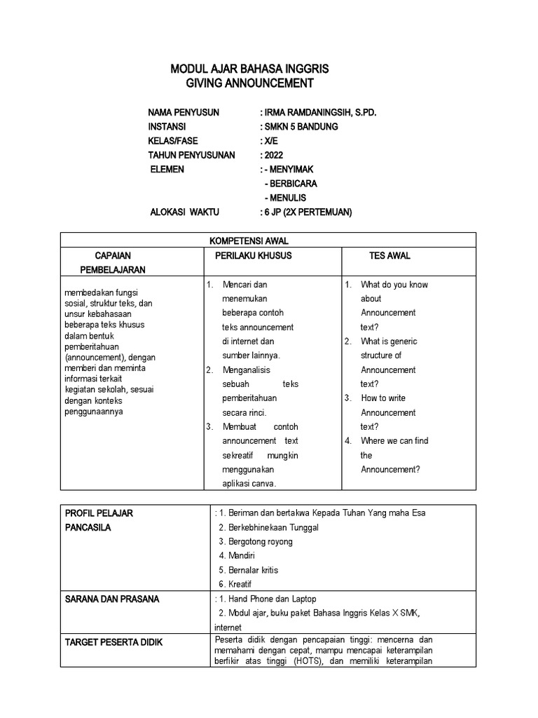 Modul Ajar Kelas X Lesson 5 Announcement | PDF