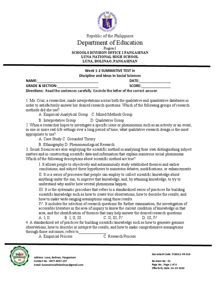 SUMMATIVE TEST in DISS Q1 Week 1 2 | PDF | Qualitative Research ...