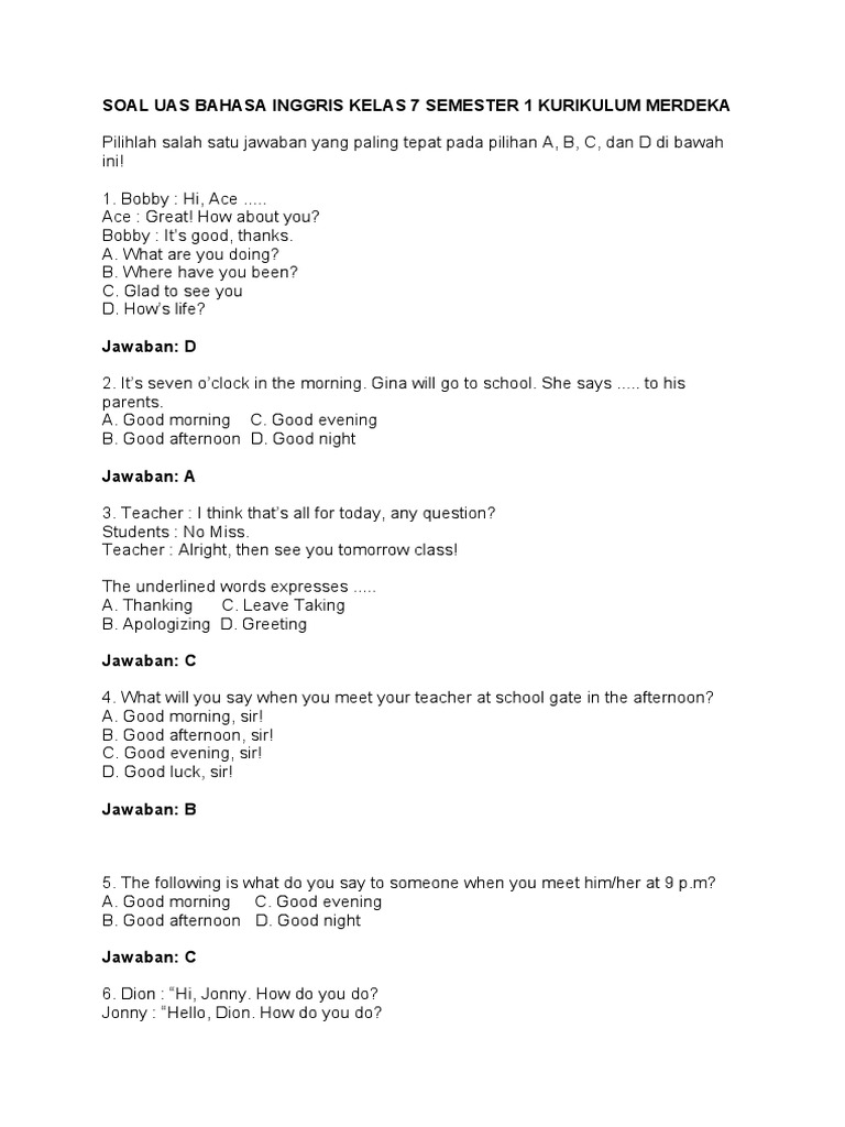 Soal Uas Bahasa Inggris Kelas 7 Semester 1 Kurikulum Merdeka | PDF