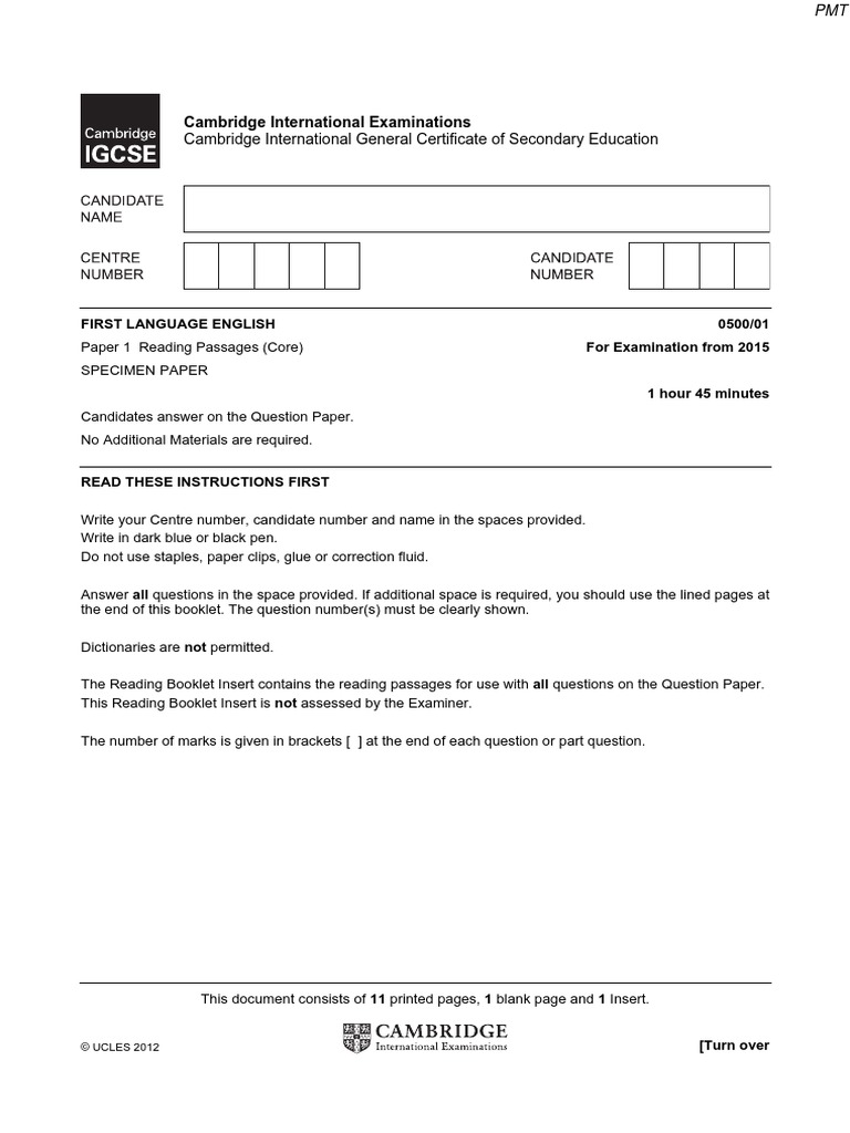 Specimen QP - Paper 1 CIE English First Language IGCSE | PDF