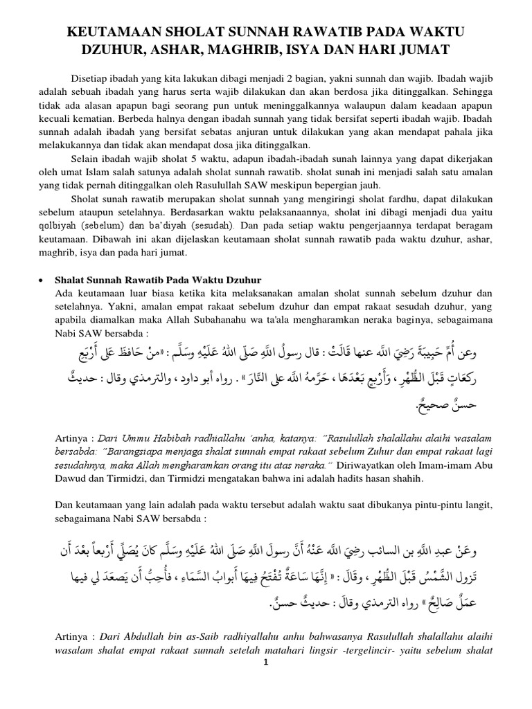 Keutamaan Sholat Sunnah Rawatib Pada Waktu Dzuhur, Ashar, Maghrib, Isya Dan Hari Jumat | PDF