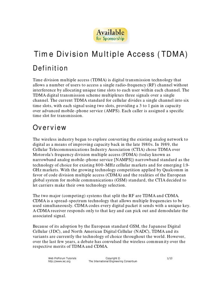 Time Division Multiple Access - TDMA | PDF | Channel Access Method | Cellular Network