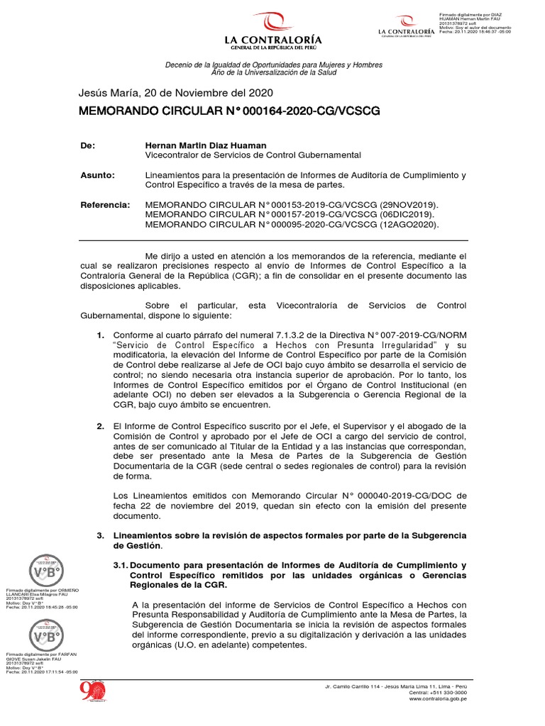 Numeracion de Informes Sce Ac Memorando Circular-000164-2020-Vcscg | PDF | Auditoría | Perú