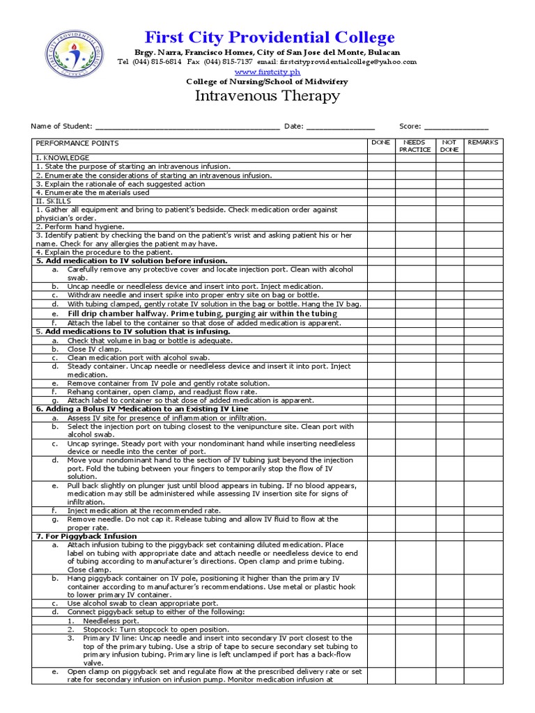 IV Therapy Checklist | PDF | Intravenous Therapy | Syringe