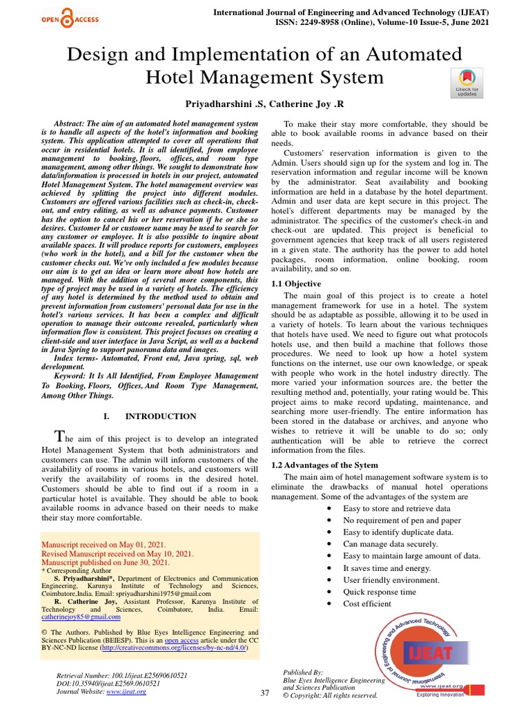 Design and Implementation of An Automated Hotel Management System | PDF ...