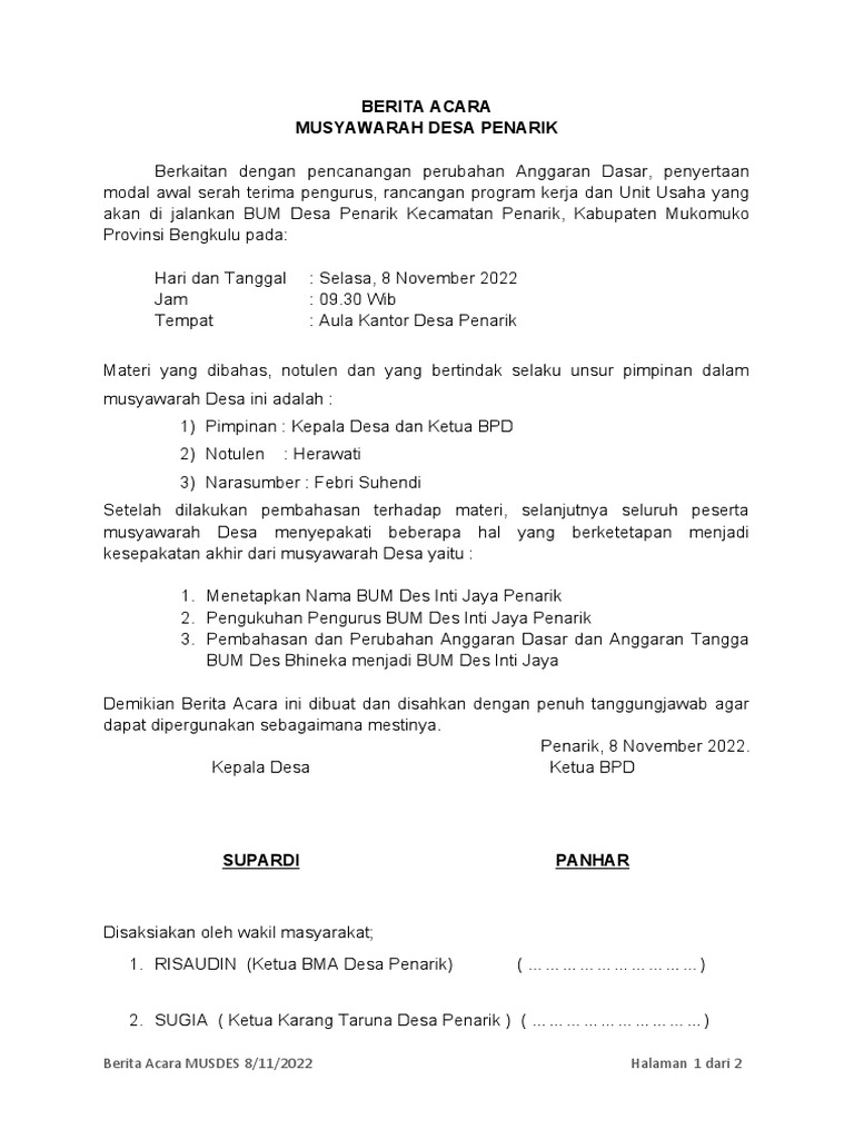 Format Berita Acara Musdes | PDF