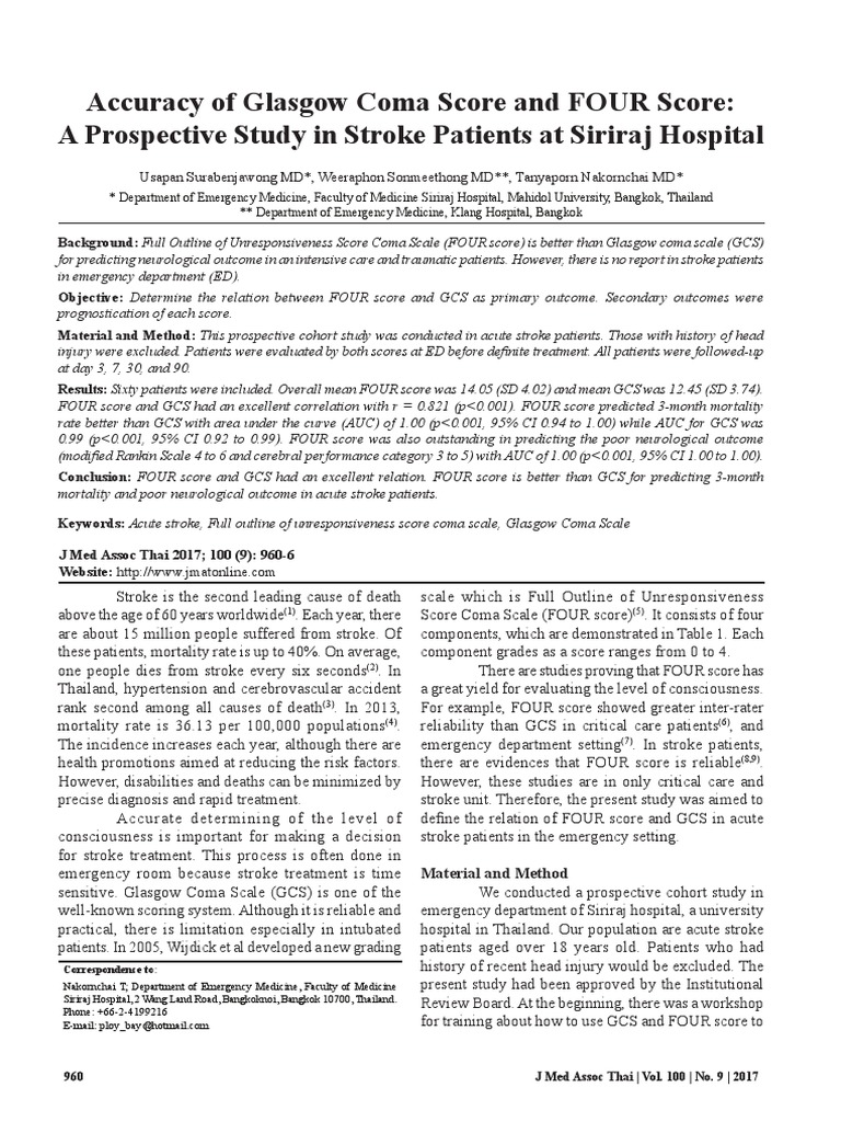 Accuracy of Glasgow Coma Score and FOUR Score: A Prospective Study in ...