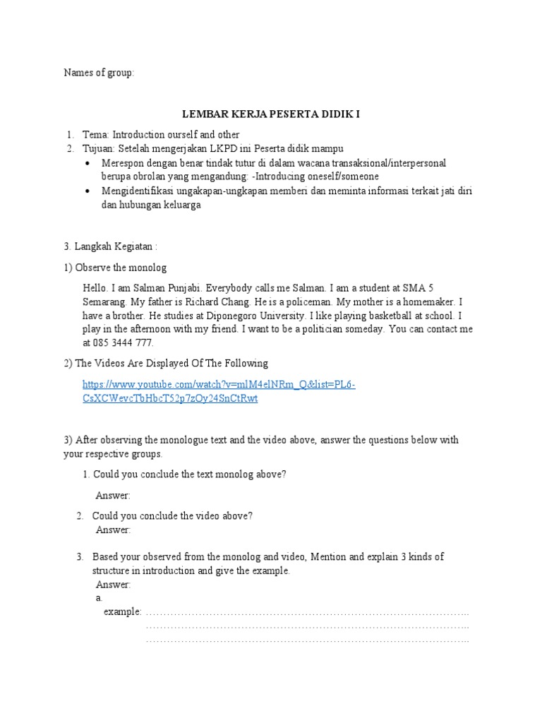 Student Worksheet on Introducing Oneself and Others Through Dialogue Exercises | PDF