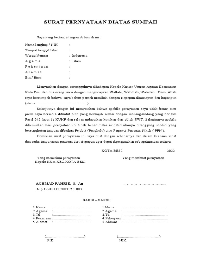 Surat Pernyataan Sumpah Ket - Jejaka & Perawan | PDF