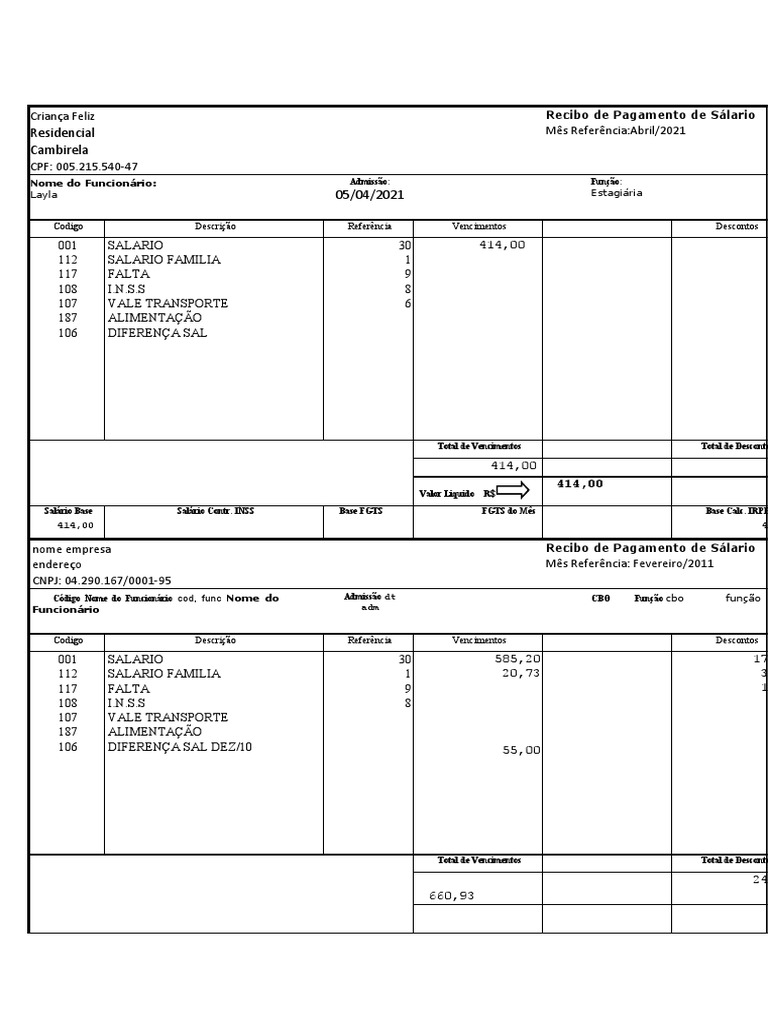 Modelo Contra Cheque | PDF | Trabalho | Compensação de emprego