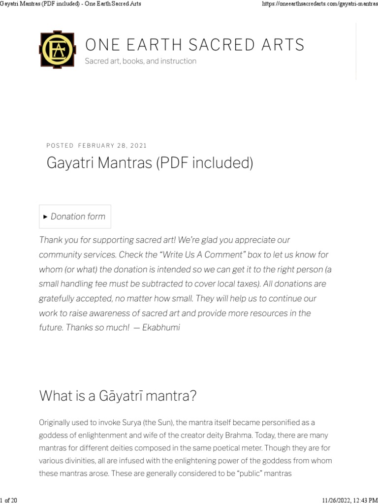 Gayatri Mantras (PDF Included) - One Earth Sacred Arts | Download Free ...