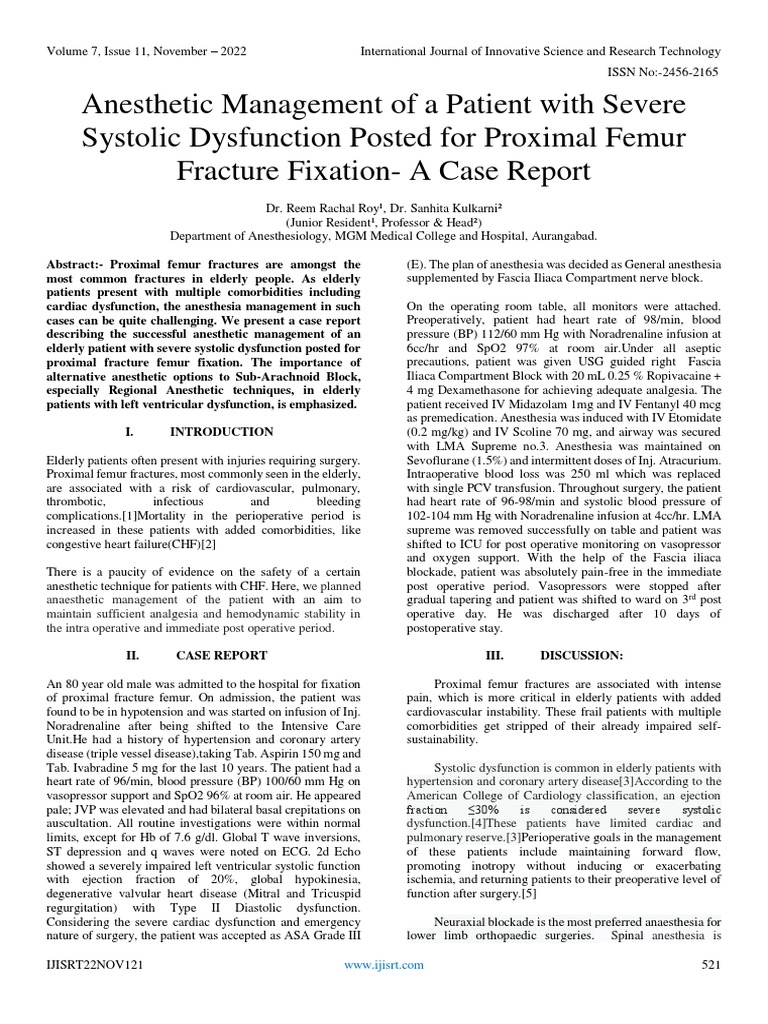Anesthetic Management of A Patient With Severe Systolic Dysfunction ...