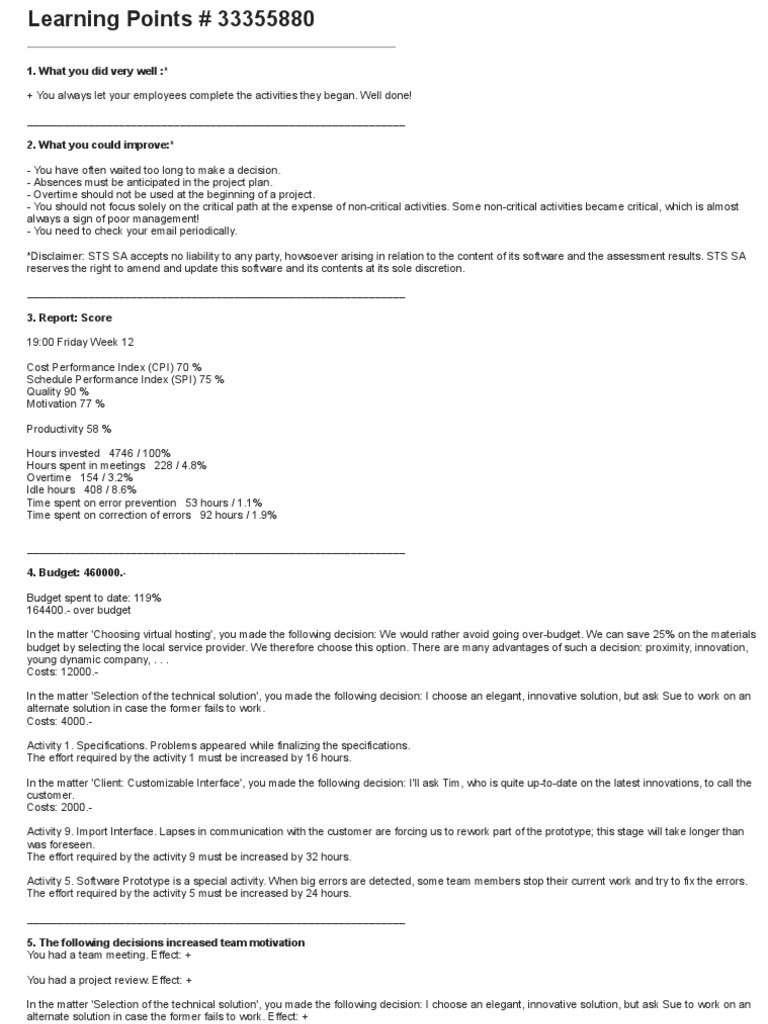 Learning Points Progress Report: Analysis of Project Management Decisions and Their Impact on ...