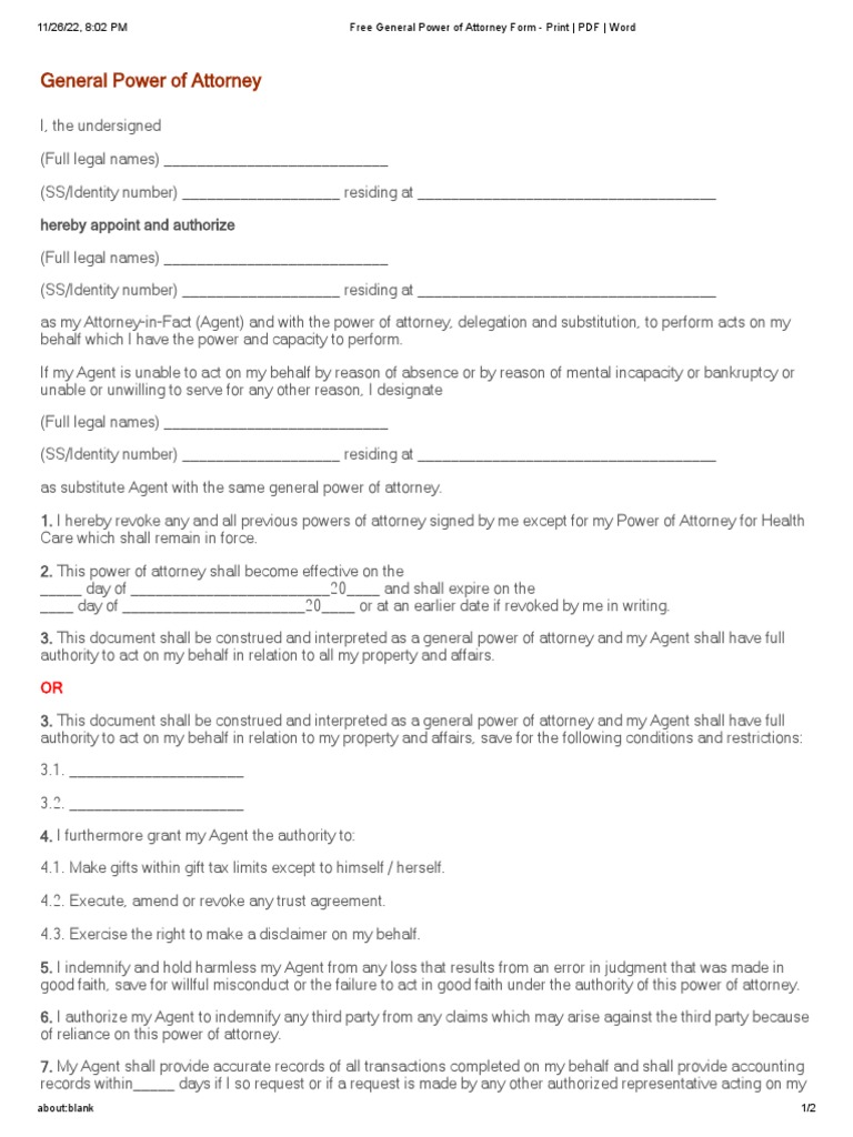 Free General Power of Attorney Form - Print - PDF - Word | PDF | Power ...