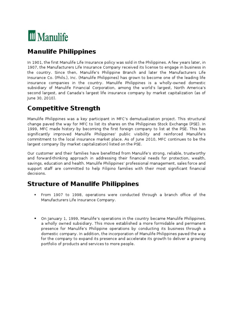 Manulife Philippines: A Historical Overview | PDF | Financial Services ...