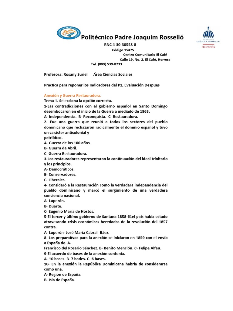 Practica de Ciencias Sociales 6 Grado | PDF | República Dominicana