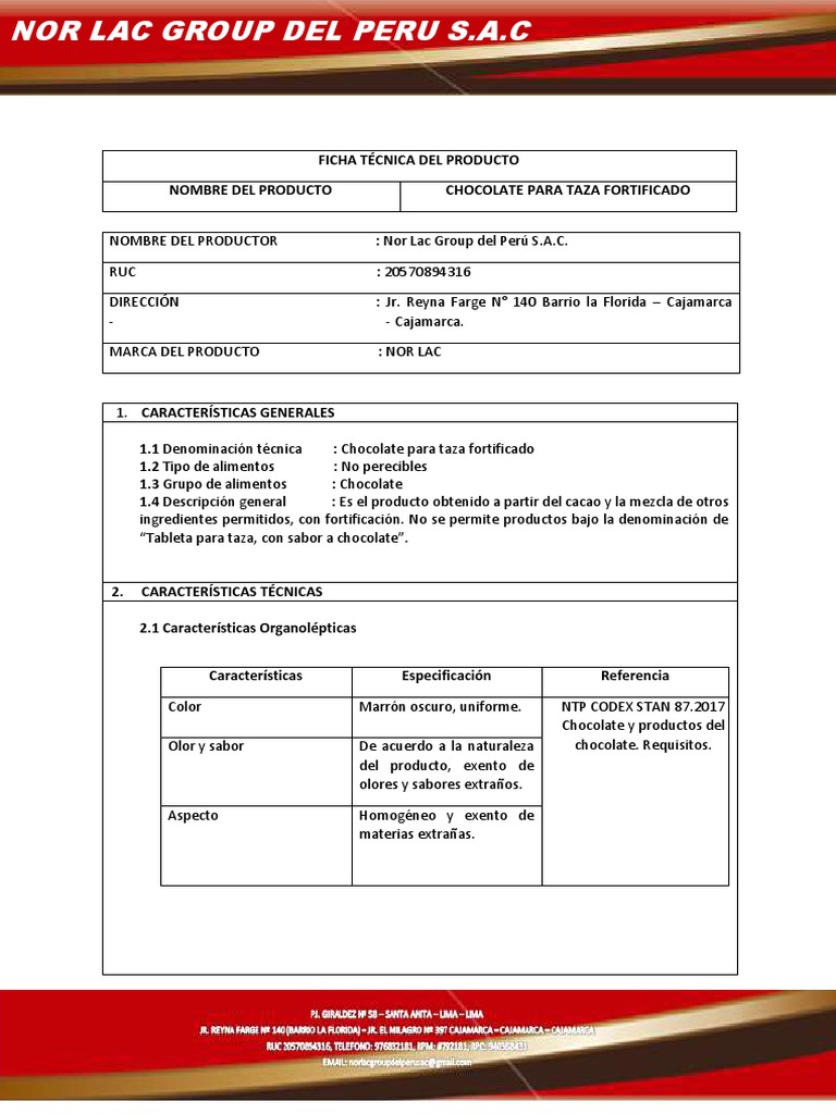 Ficha Tecnica de Chocolate para Taza Fortificado. | PDF | Chocolate ... Ficha Tecnica de Chocolate para Taza Fortificado. | PDF | Chocolate ...