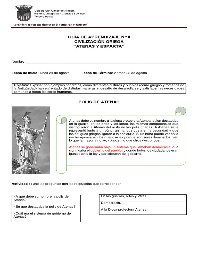 3° Básico Historia Guía 4 Atenas y Esparta | PDF | Esparta | Antigua Grecia