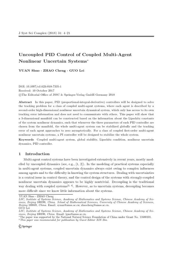 Uncoupled Pid Control Of Coupled Multi Agent Nonlinear Uncertain Systems Pdf Control Theory