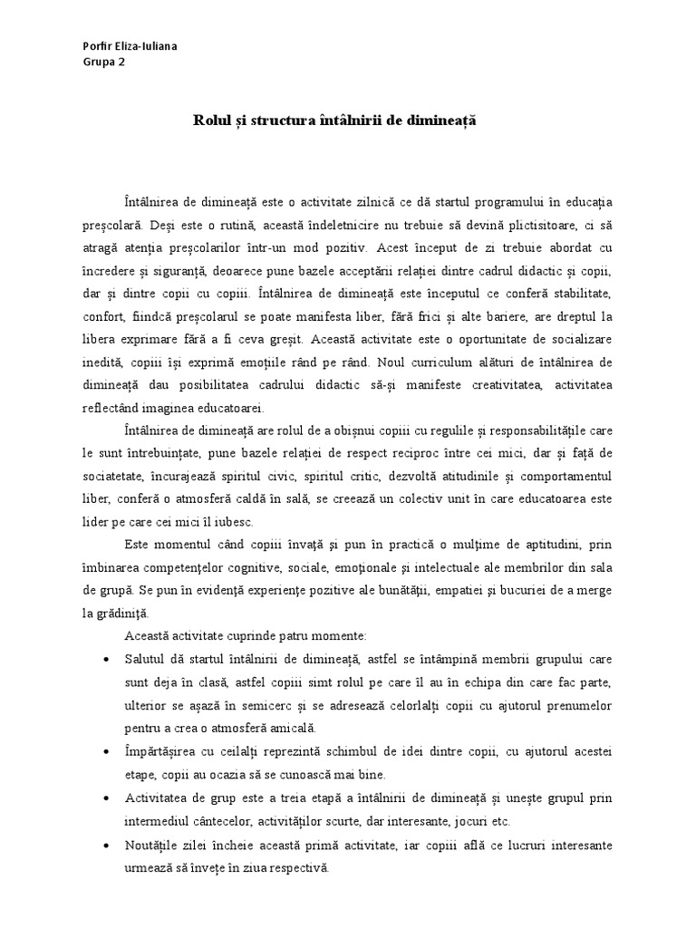 Rolul Și Structura Întâlnirii de Dimineață | PDF