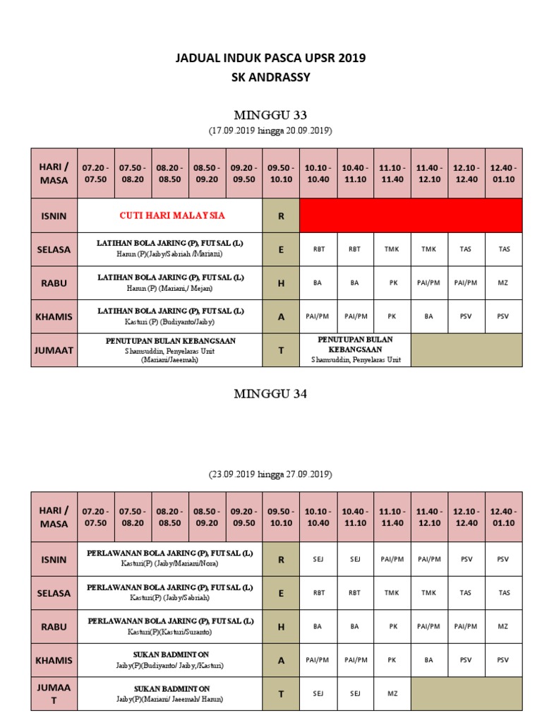 Jadual Induk Pasca Upsr 2019 (PK) | PDF