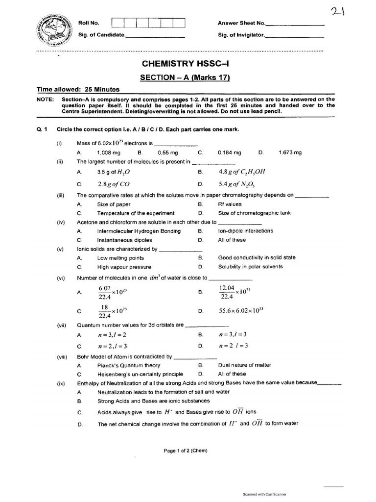 Past Papers 1st Yr Chemistry | PDF