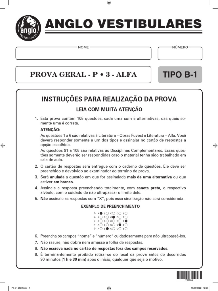 Prova Geral Anglo Vestibulares 2022 | PDF | Amor | Elementos químicos