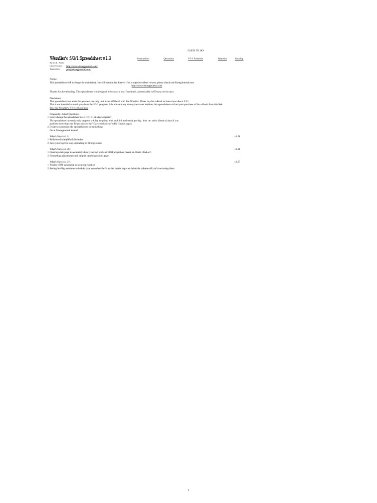 Wendler's 5/3/1 Spreadsheet v1.3 | PDF | Spreadsheet | Software
