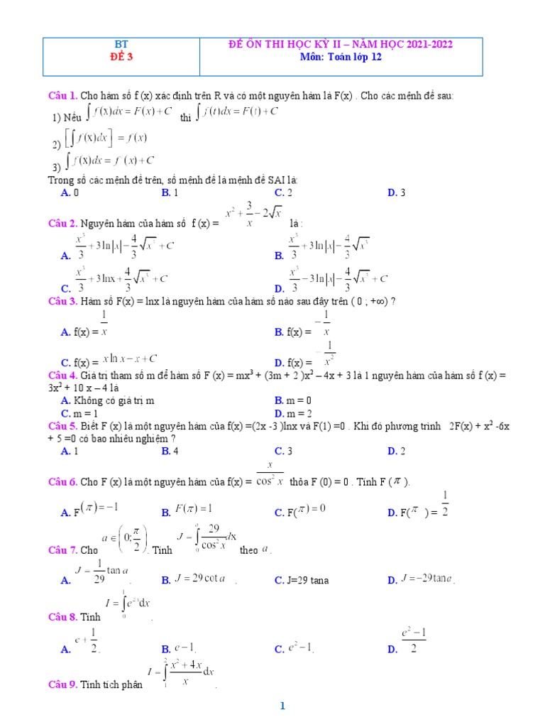 De On Thi Toan 12 HK2 Nam 2022 de 3 BT TVHL2 | PDF