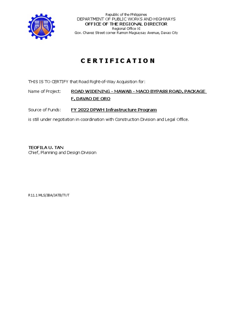 Cert of RROW - 2022 | PDF | Transport | Economies