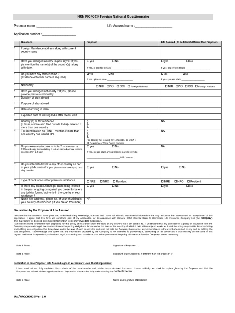 NRI Questionnaire Ver 1.2 Life Assured | PDF
