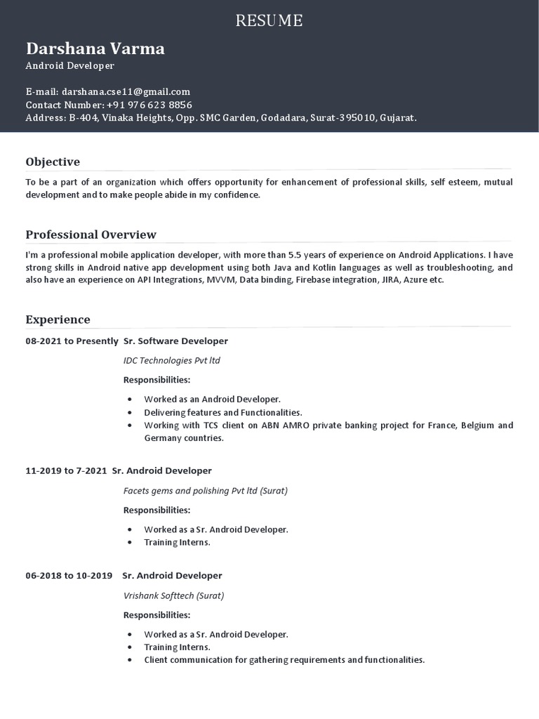 Resume Darshana Varma 2022 | PDF | Android (Operating System) | Mobile App