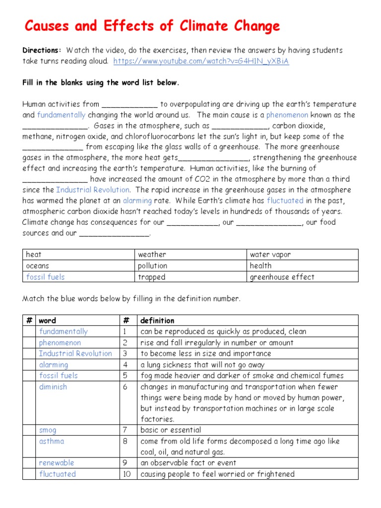 Climate Change Cause and Effect Worksheet Templates Layouts - 120120 ...