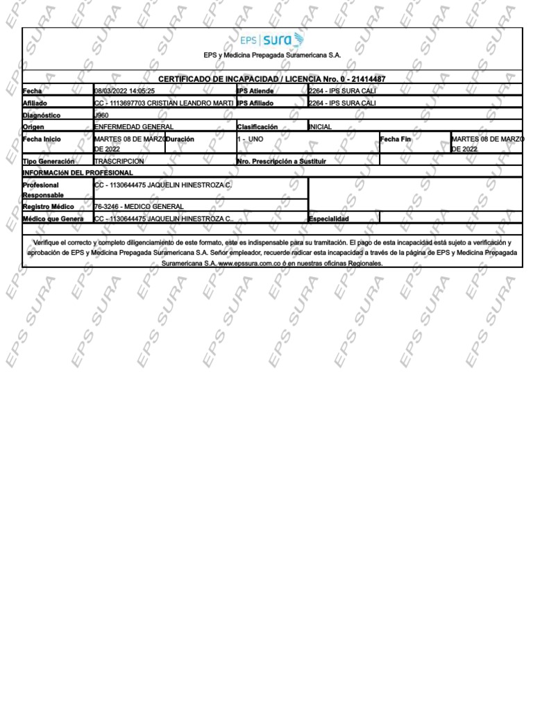 Certificado de Incapacidad EPS SURA | PDF | Cuidado de la salud ...