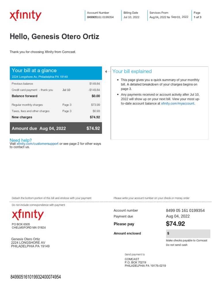 Xfinity Bill Summary for July 2022 | PDF | Payments | Financial Technology