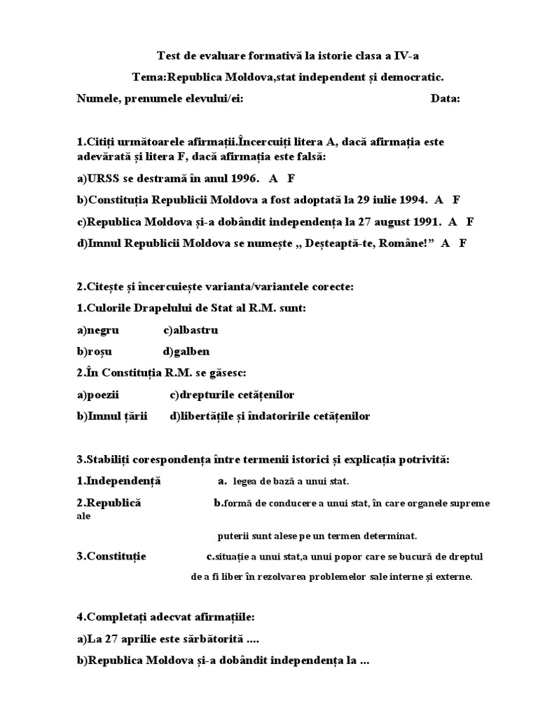 Test de Evaluare Formativă La Istorie Clasa A IV | PDF