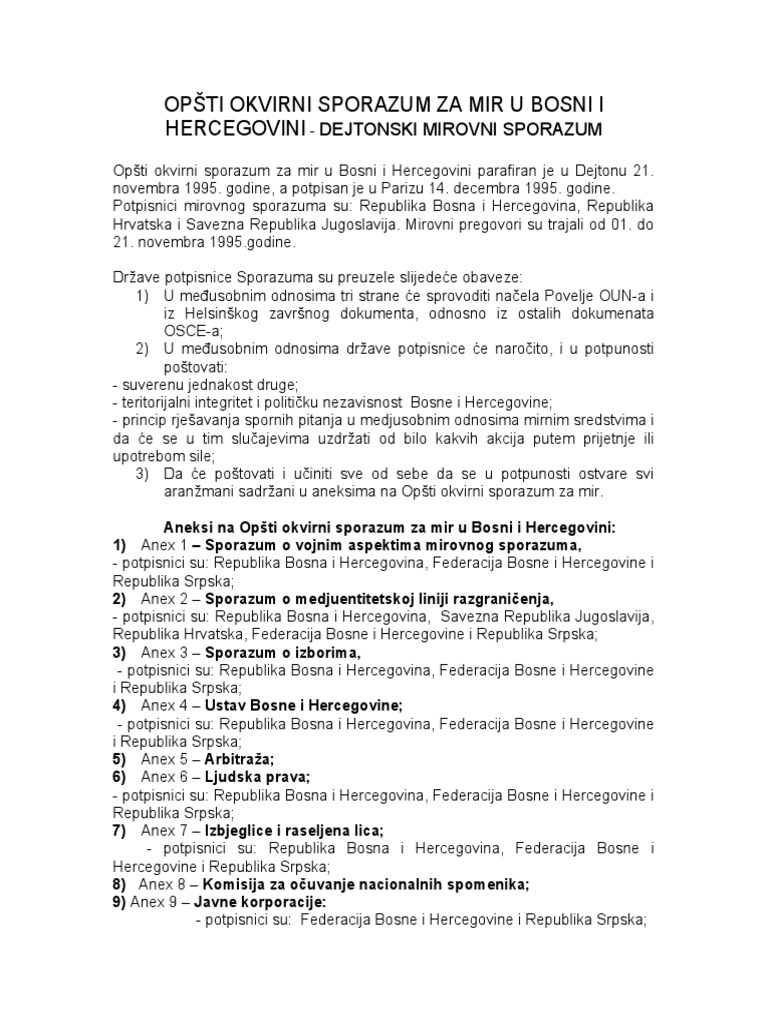 Opšti Okvirni Sporazum Za Mir U Bosni I Hercegovini | PDF