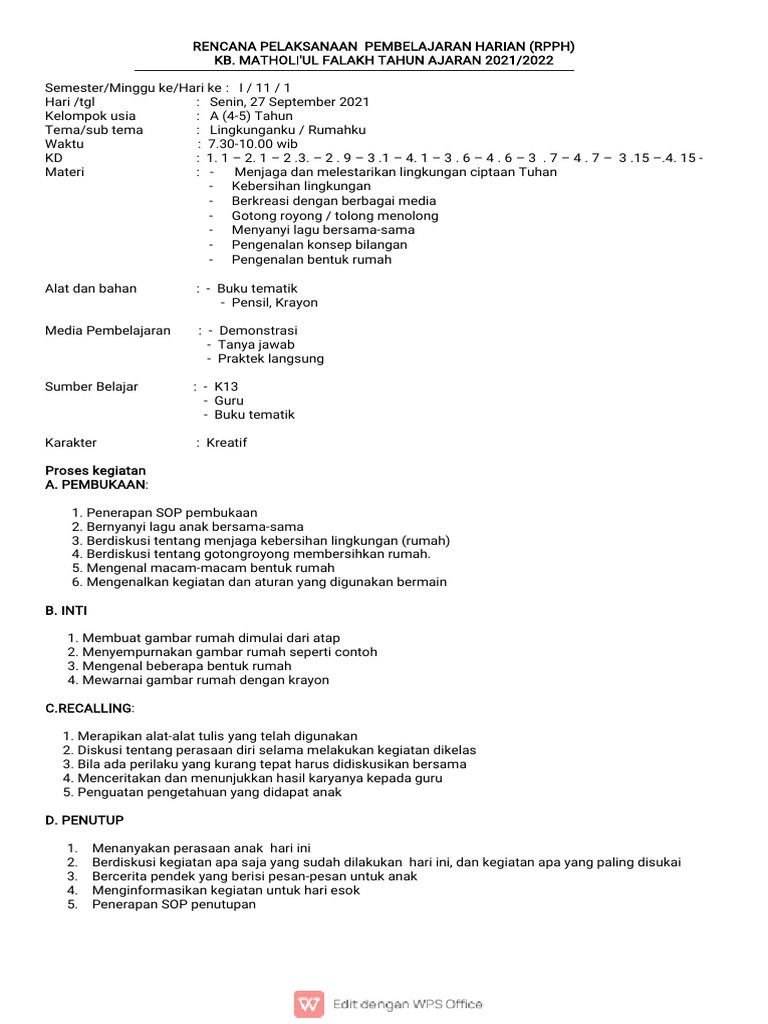 RPPH Tema Lingkunganku Anak TK | PDF