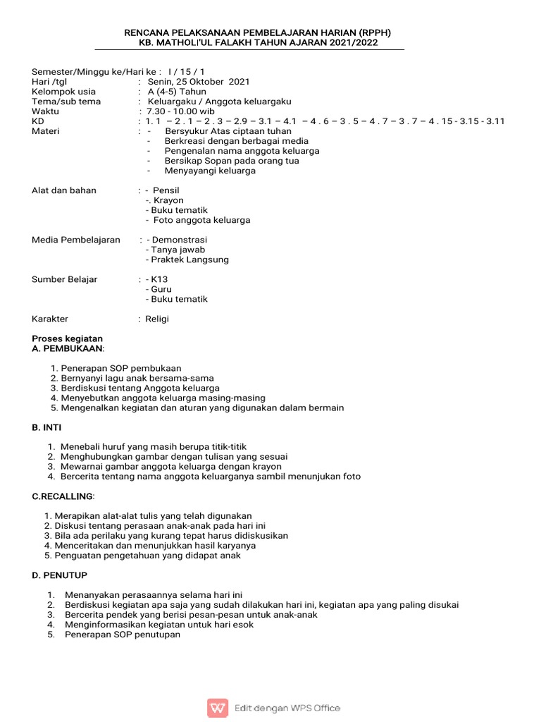 RPPH TK - A Tema Keluargaku | PDF