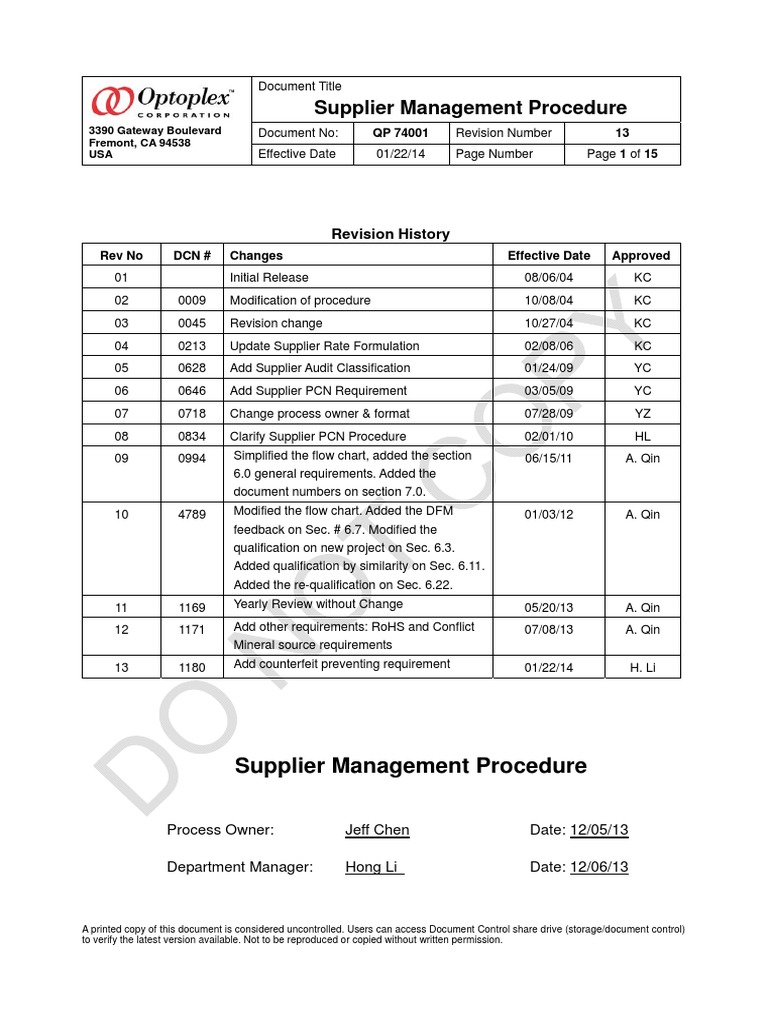 QP 74001 Rev 13 Supplier Management Procedure | PDF | Business | Business Process
